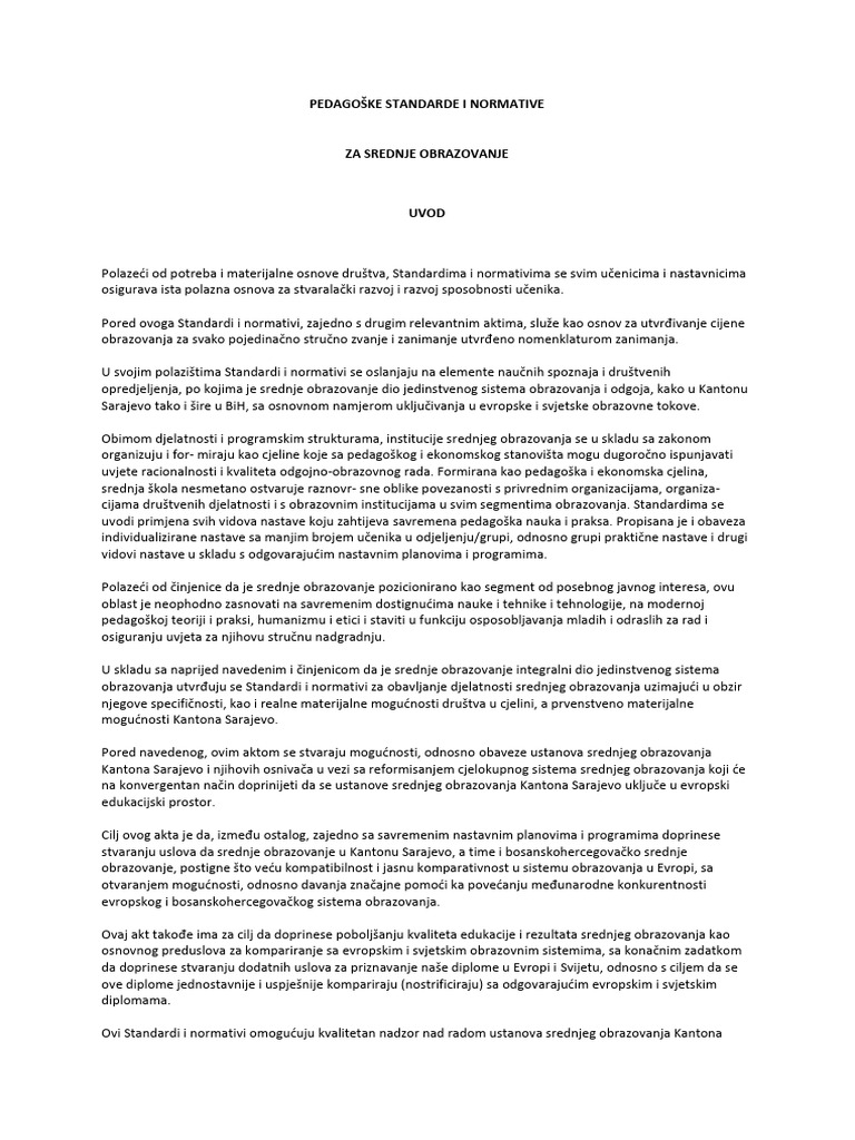 Pedagoski Standardi I Normativi Za Srednje Obrazovanje Kantona Sarajevo | PDF