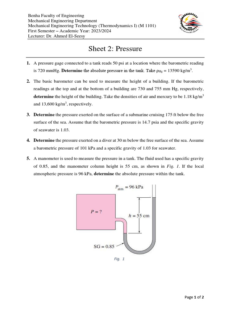 Sheet 2 - Pressure | PDF | Pressure | Pressure Measurement