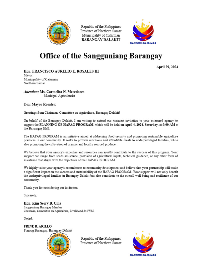 HAPAG Program Invitation - Barangay Dalakit | PDF | Sustainability ...