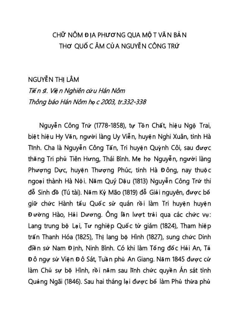 CHỮ NÔM ĐỊA PHƯƠNG QUA MỘT VĂN BẢN THƠ QUỐC ÂM CỦA NGUYỄN CÔNG TRỨ | PDF
