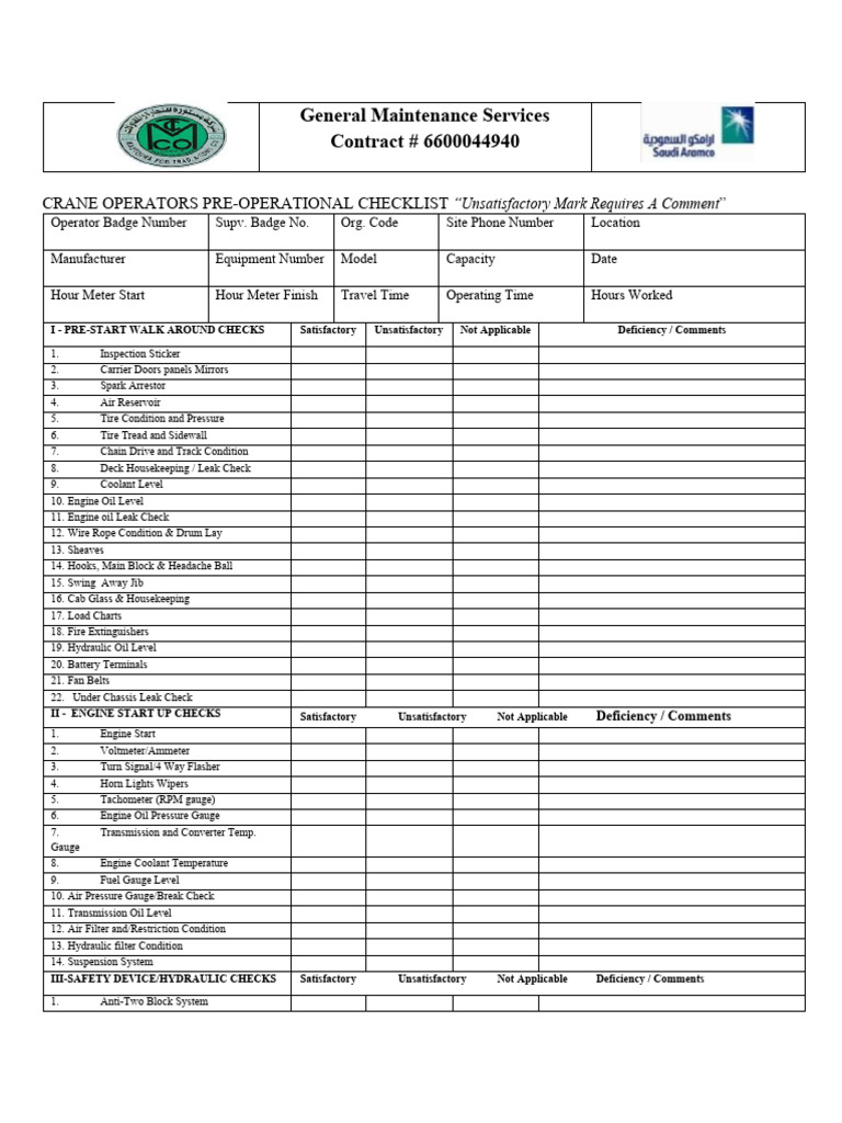 Crane Operators Pre-Operational Checklist | Download Free PDF | Crane ...