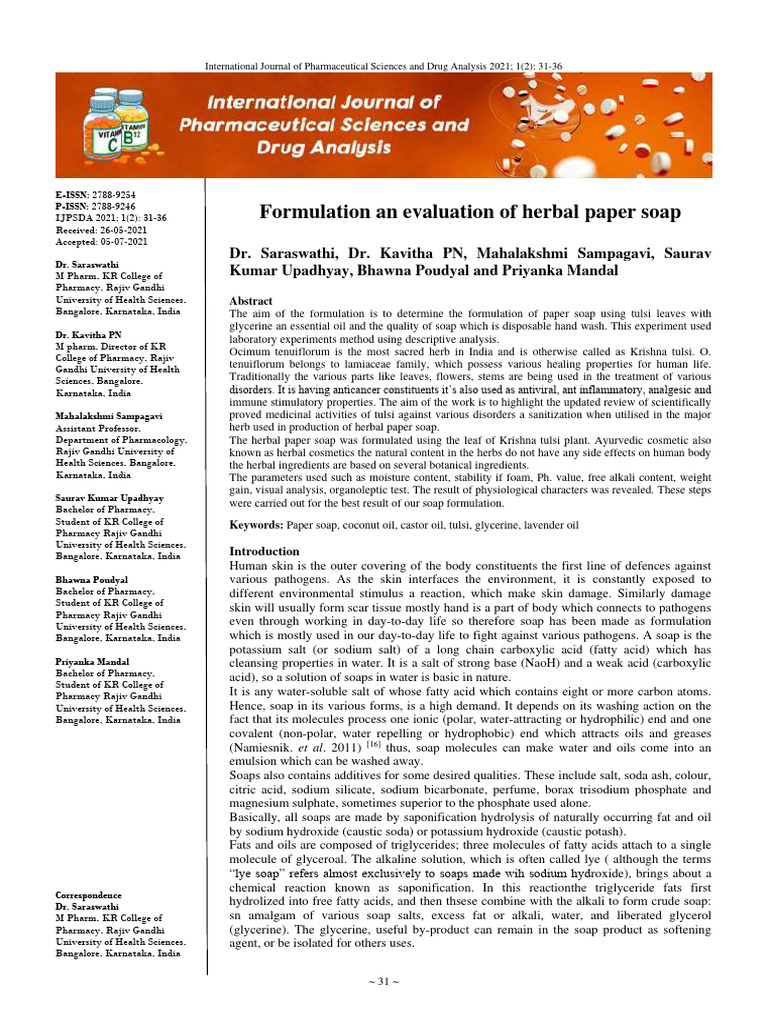 Formulation An Evaluation of Herbal Paper Soap | PDF | Chemistry