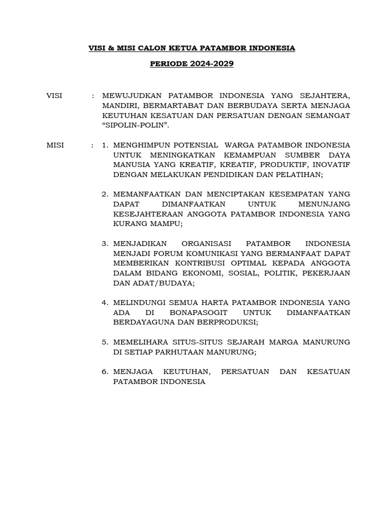 Visi Misi Ketua Patambor 2024-2029 | PDF | Bisnis | Ilmu Sosial