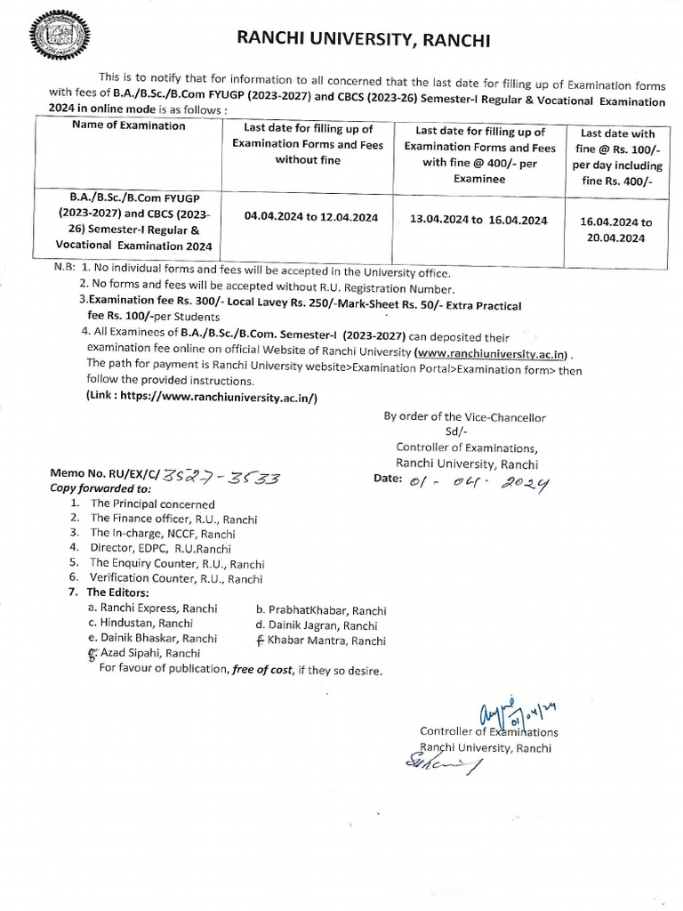 Fillig Up of Examination Forms With Fees of B.A. B.sc. B.com FYUGP (2023-2027) Semester-I ...
