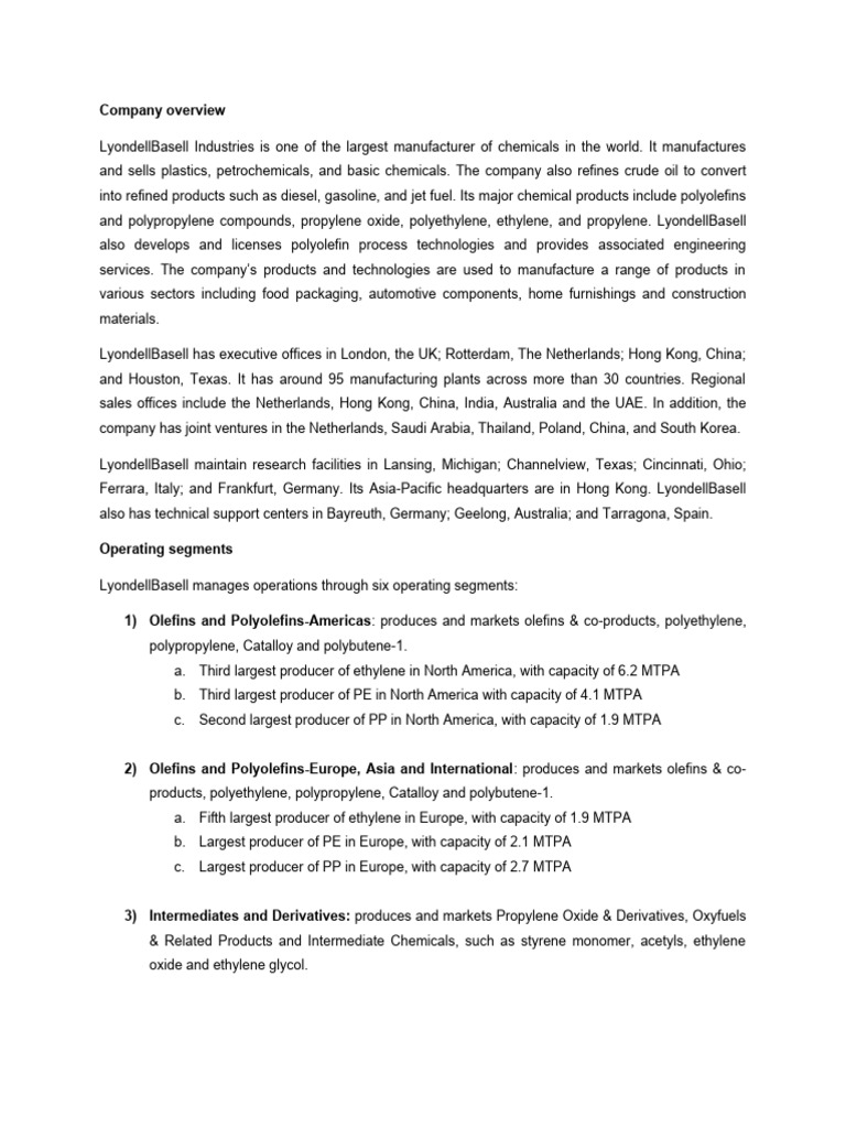 LyondellBasell Company Overview & Operations | PDF | Polyethylene ...