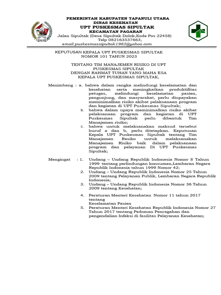 5.2.1.a. SK Tim Pelaksana Manajemen Risiko | PDF