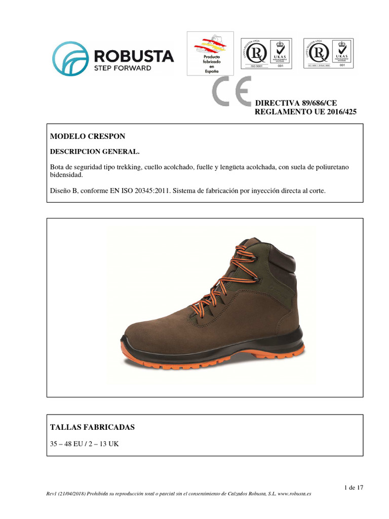 3959 Bota Robusta Crespon s3 Ci SRC 92228 Ficha Tecnica | PDF | Agua | Calzado