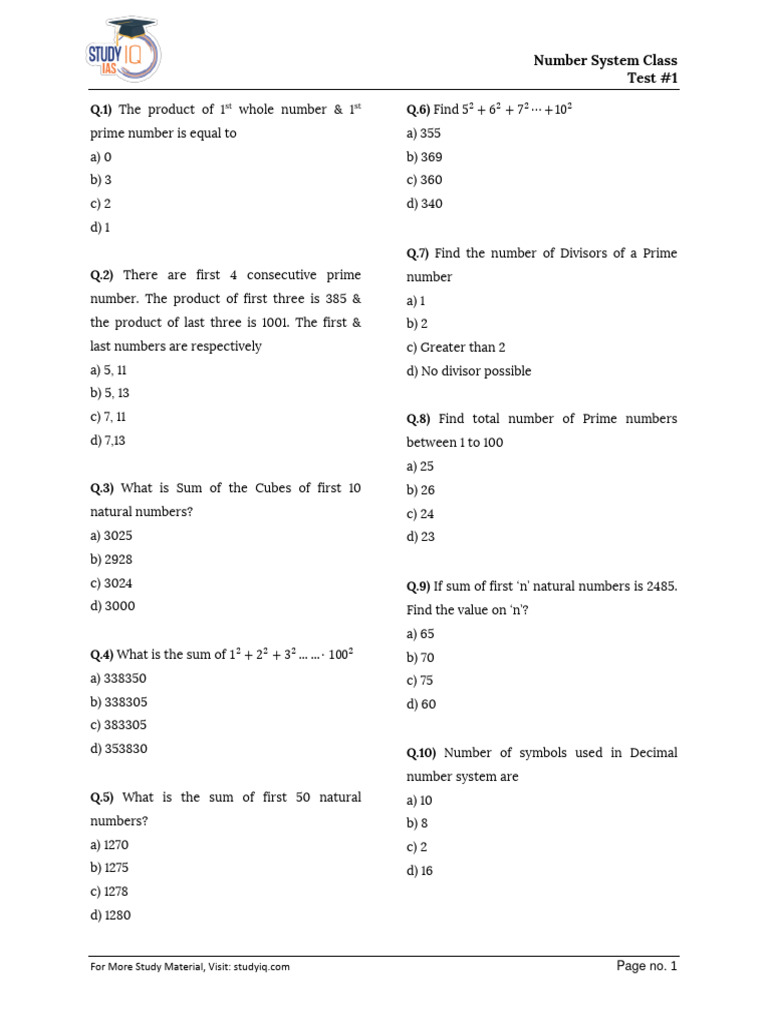 Number System Classtest 1 - QP - 1664510695 2 | Download Free PDF ...