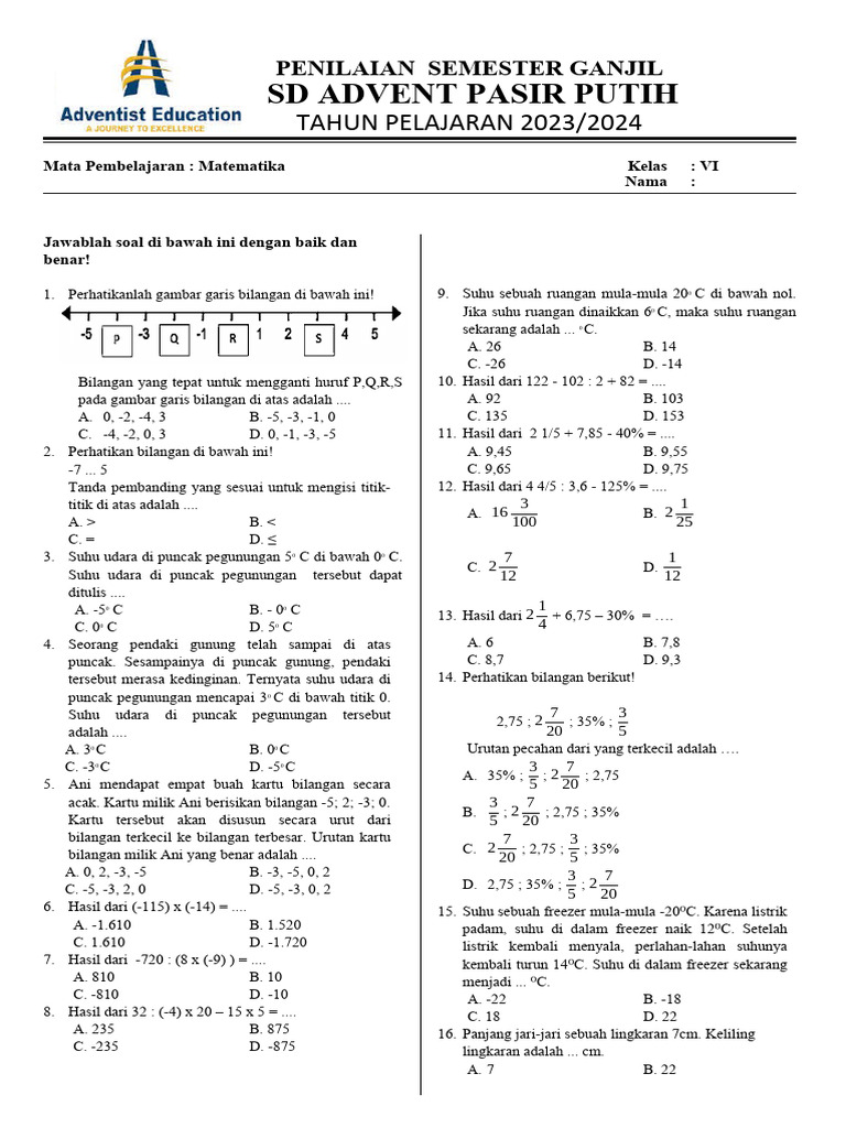 Soal Ujian MTK Kelas 6 | PDF | Metode & Bahan Ajar