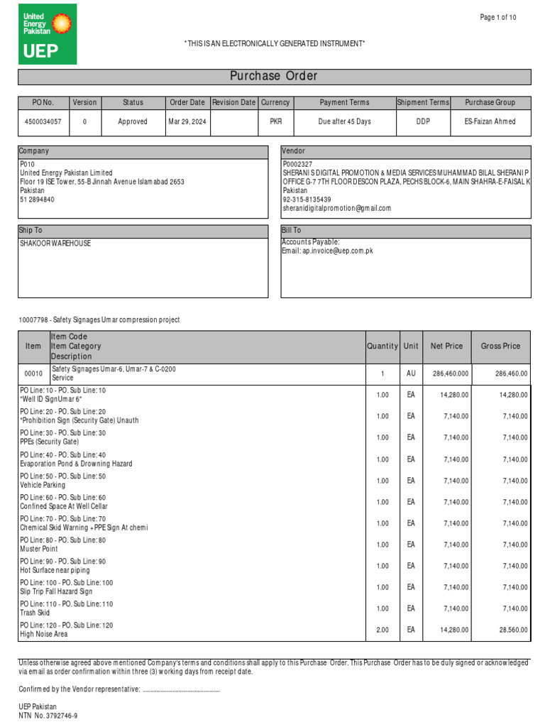 UEP Pakistan Purchase Order Details | PDF | Indemnity | Employment