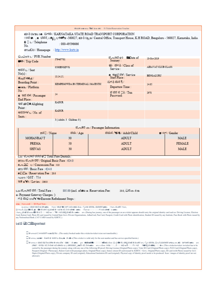 KSRTC E-Ticket Guidelines | PDF | Identity Document