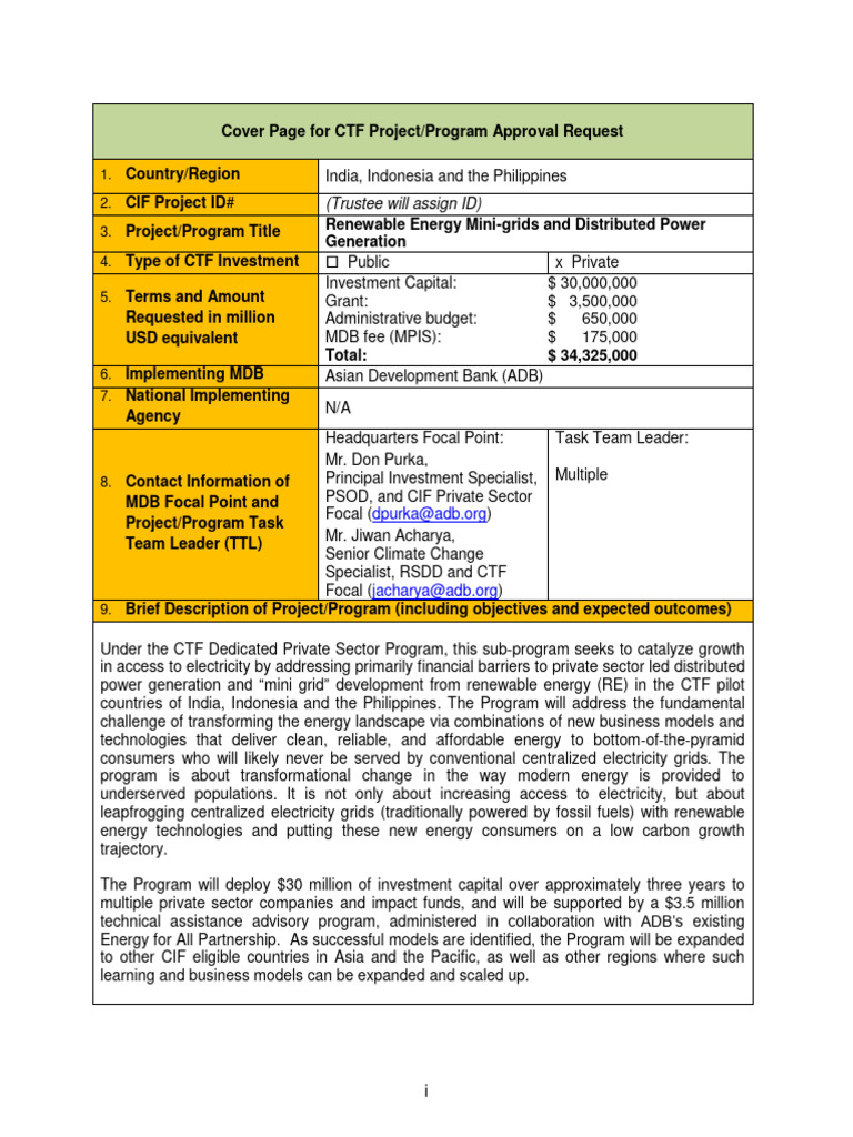 ADB CTF Proposal - RE Mini-Grids Program PUBLIC - 1 | PDF | Renewable Energy | Millennium ...