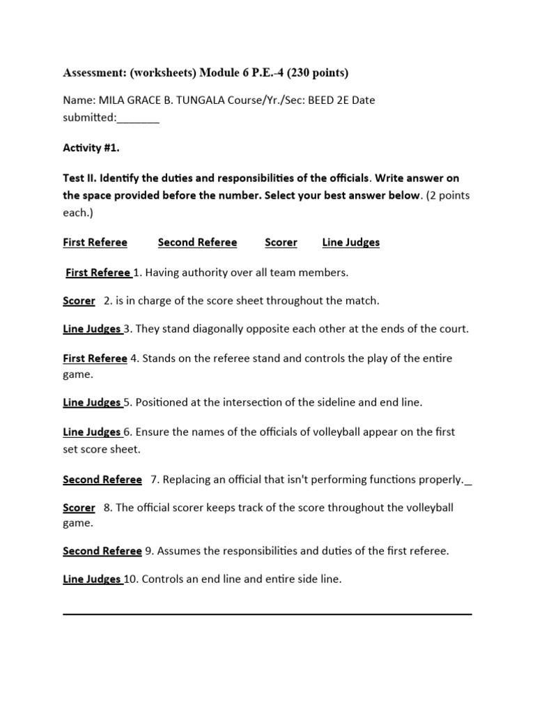 Mila Grace Tungala - Assessment - 6 PATHFIT 4 | PDF | Referee | Safety