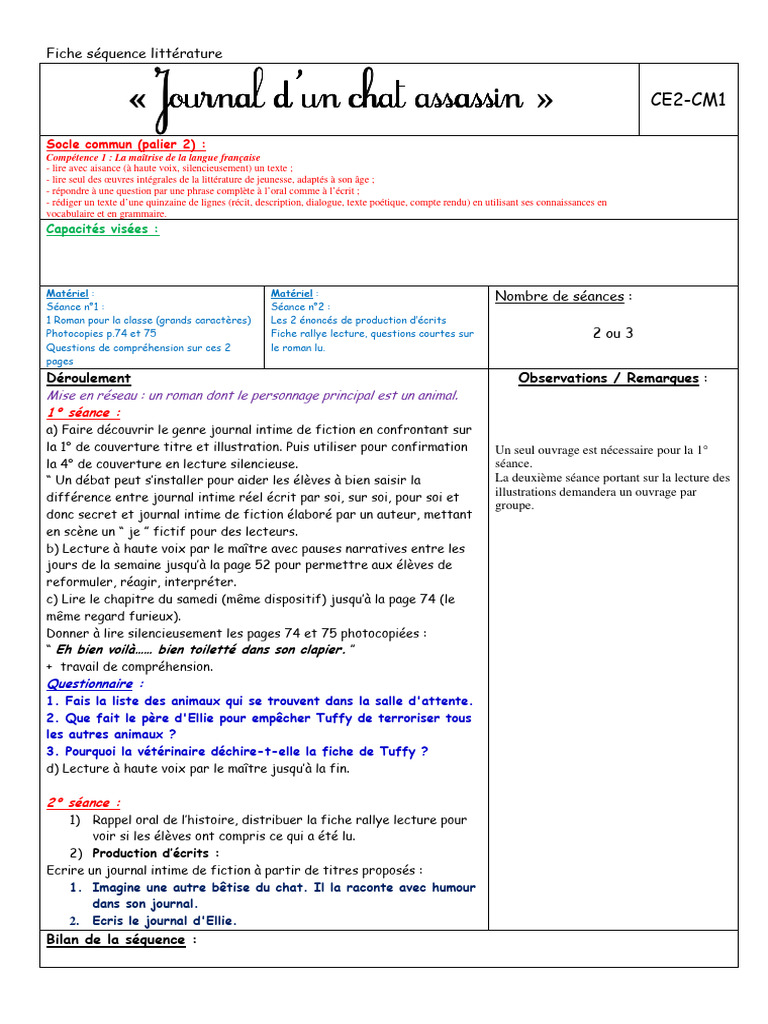 Séquence CE2-CM1 : Chat assassin | PDF | Romans