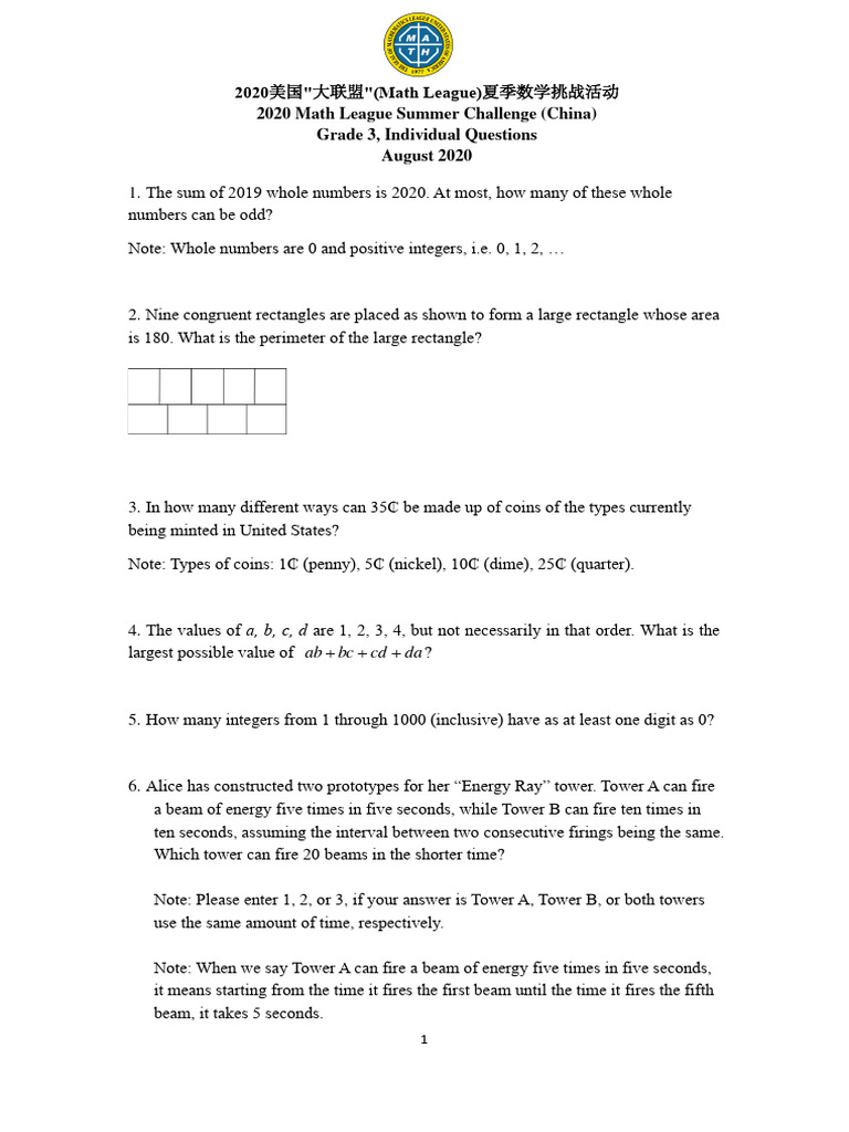 Individual Questions Grade 3 Questions | PDF | Integer | Number Theory