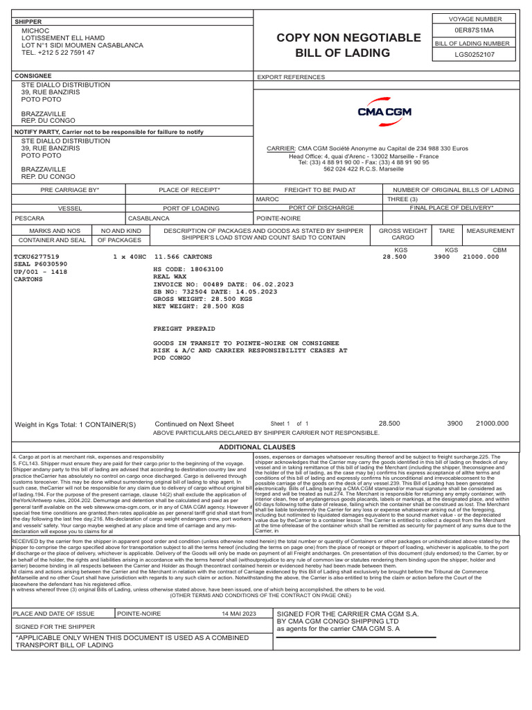 BIL CMA CGM_____BATHILY__TEXTILES 2 | PDF | Bill Of Lading | Cargo