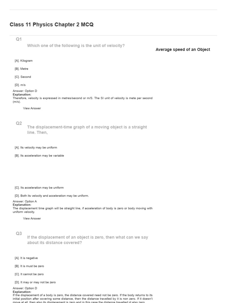 Chapter 2 Motion in Straight Line Mcqs | PDF | Velocity | Acceleration