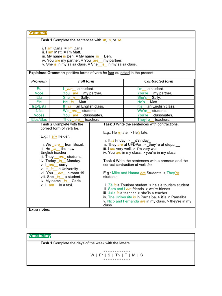 To Be (+) - Days of The Week - Numbers | PDF | Semantic Units ...