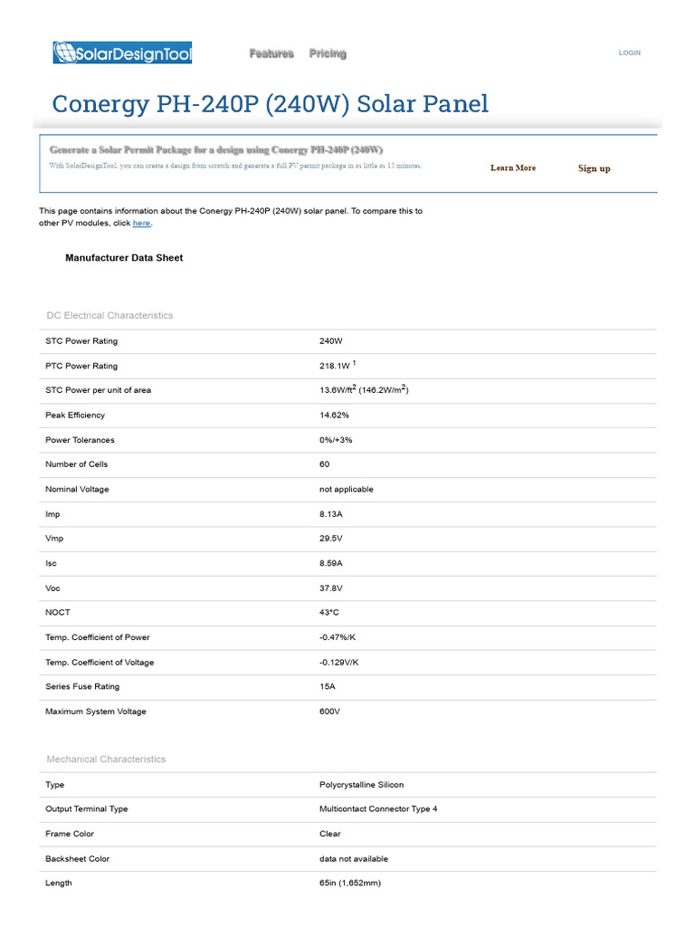 Conergy PH-240P (240W) Solar Panel | PDF | Solar Panel | Photovoltaics