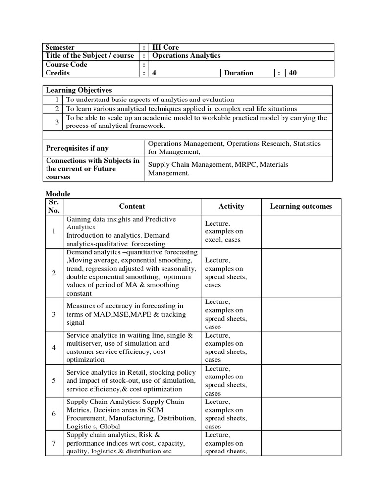 Operations Analytics Pdf Analytics Forecasting