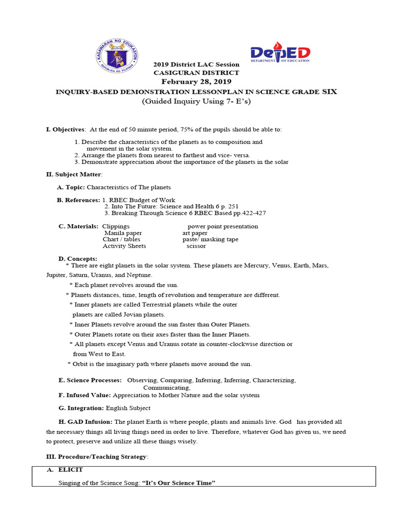Demonstration Lesson Plan in Science 6 Inquiry-Based | PDF | Planets ...