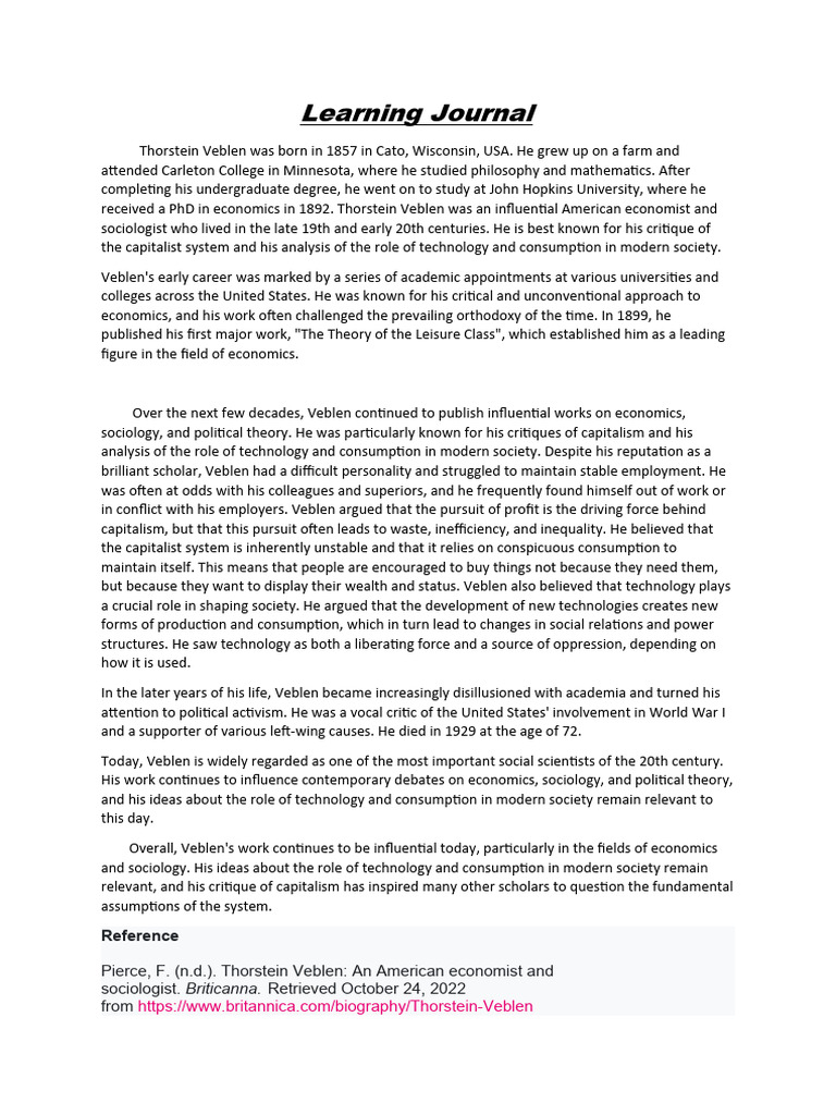 My Learning Journal | Download Free PDF | Thorstein Veblen | The Theory Of The Leisure Class