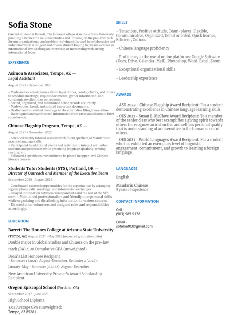 Sofia-Stone Resume 1 1 | PDF | Arizona State University | Learning