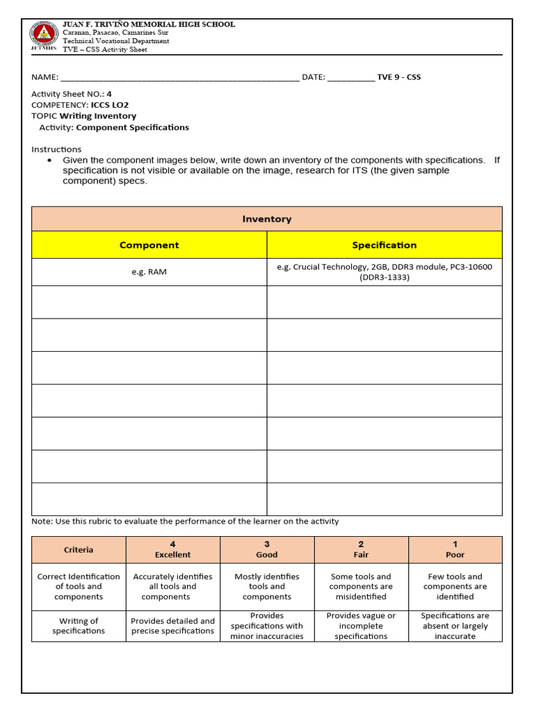 Activity Sheet - Computer Systemtem Component Inventory | PDF | Rubric (Academic) | Computing