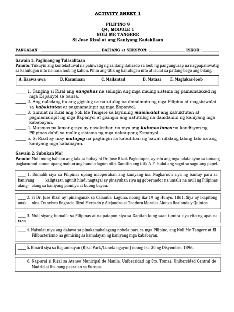 Noli Me Tangere Activity Sheet Module 1 To 8 | PDF