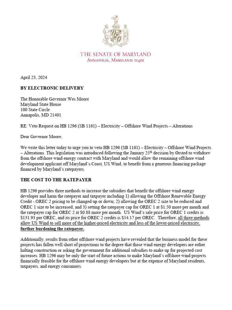 HB 1296 Offshore Wind Veto Letter - Eastern Shore Senators | PDF ...