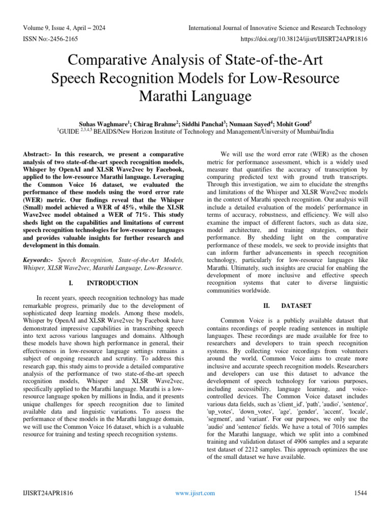 Comparative Analysis of State-of-the-Art Speech Recognition Models For ... Comparative Analysis of State-of-the-Art Speech Recognition Models For ...