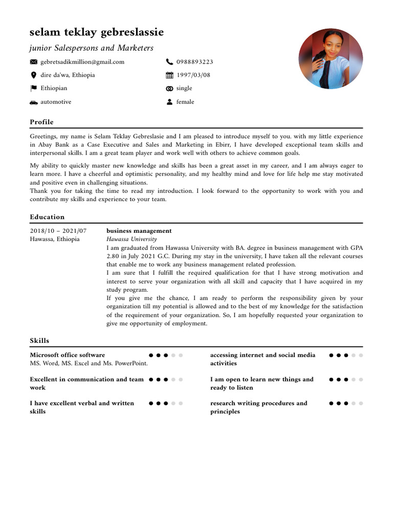 Selam - Teklay Gebreslassie - Resume - 03-09-2023-10-28-05 | PDF | Loans | Entrepreneurship