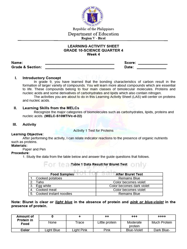 Science 10 Q4 LAS Week 4 | PDF | Nucleic Acids | Biosynthesis