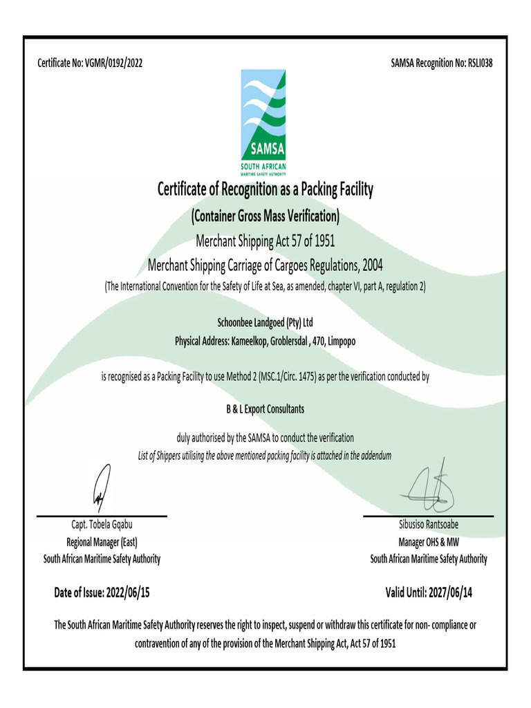 Schoonbee-Packing-certificate-2022 | PDF | Shipping | Water Transport