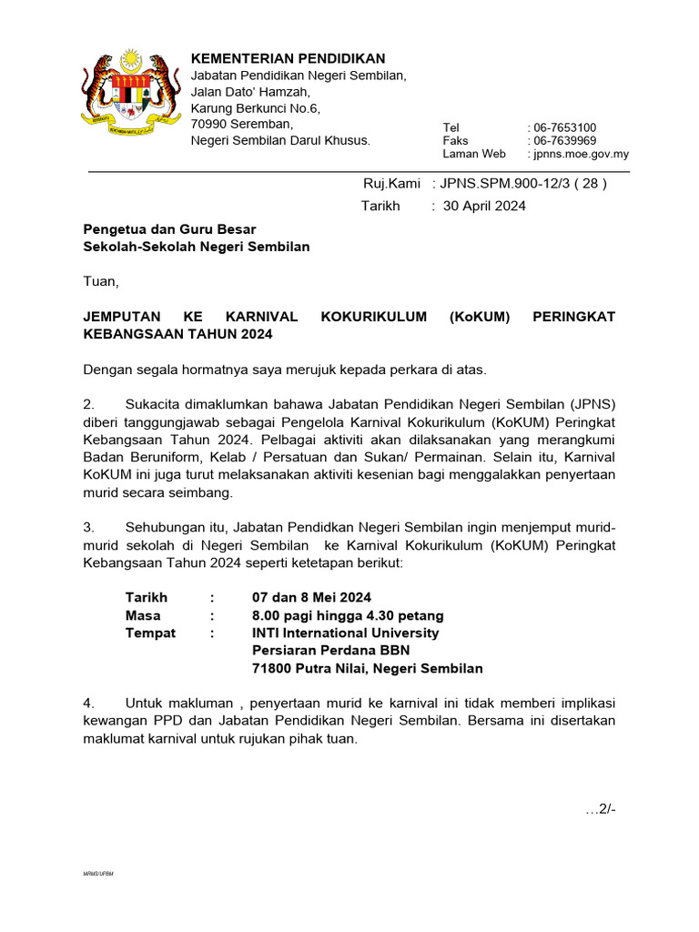 Surat Jemputan Sekolah Ke Karnival Kokurikulum Kokum Peringkat ...
