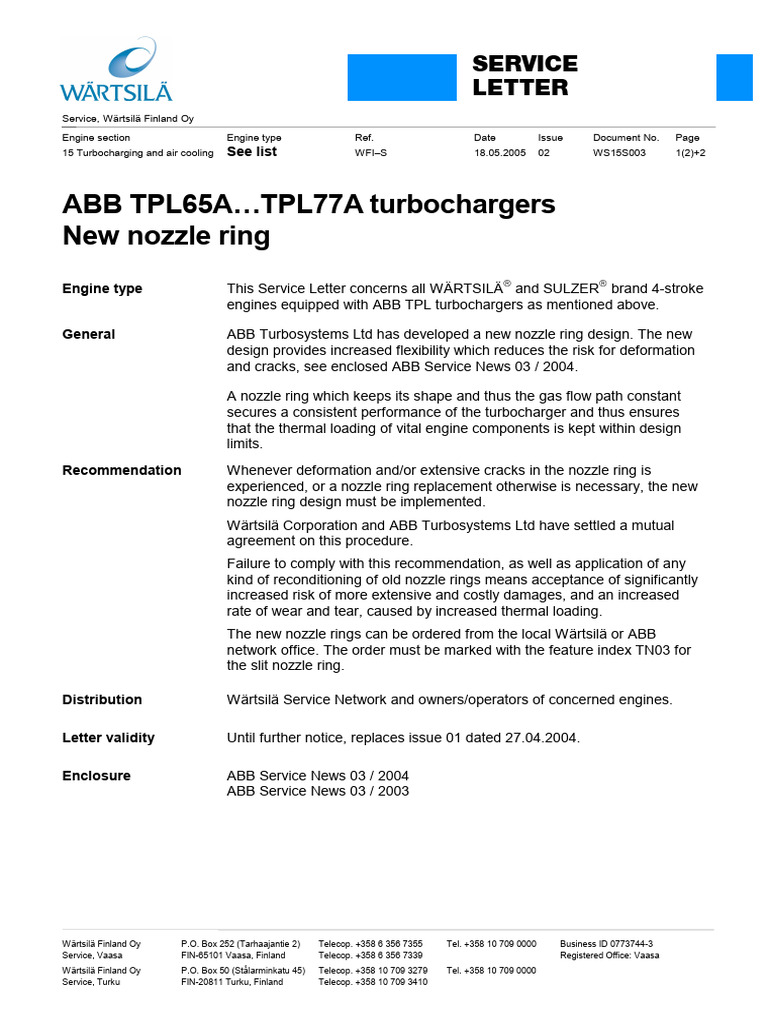 ABB TPL65a..TPL74A Turbochargers New Nozzle Ring | PDF | Turbocharger ...