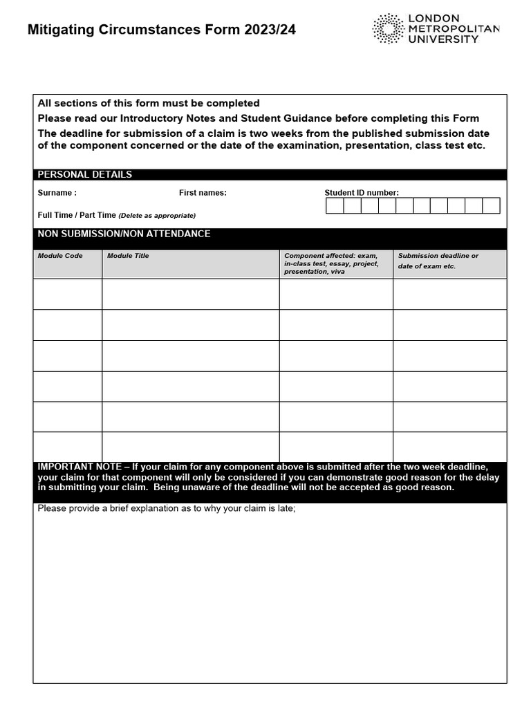 Mitigating Circumstances Form 2023 24 | PDF | Learning Disability | Dyslexia