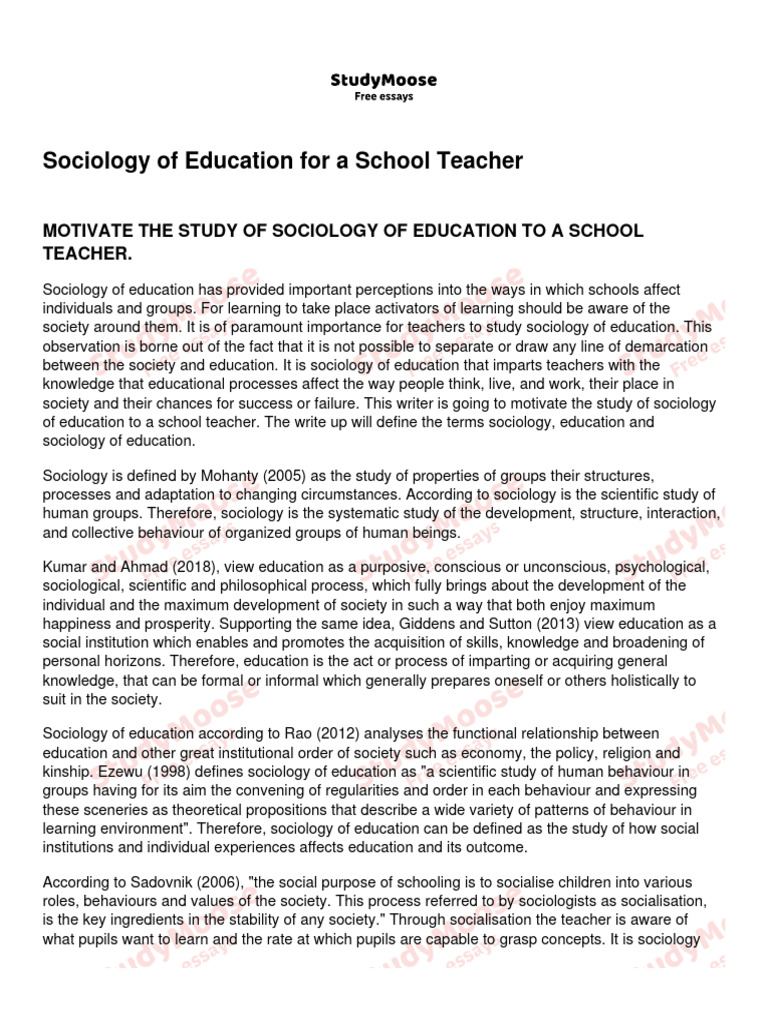 Sociology of Education For A School Teacher | PDF | Sociology | Teachers