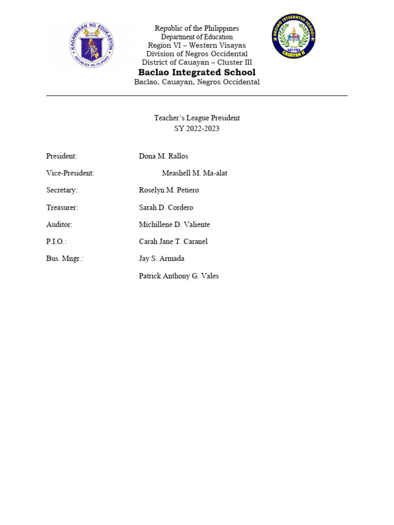 Baclao Integrated School Teacher's League 2022-2023 | PDF