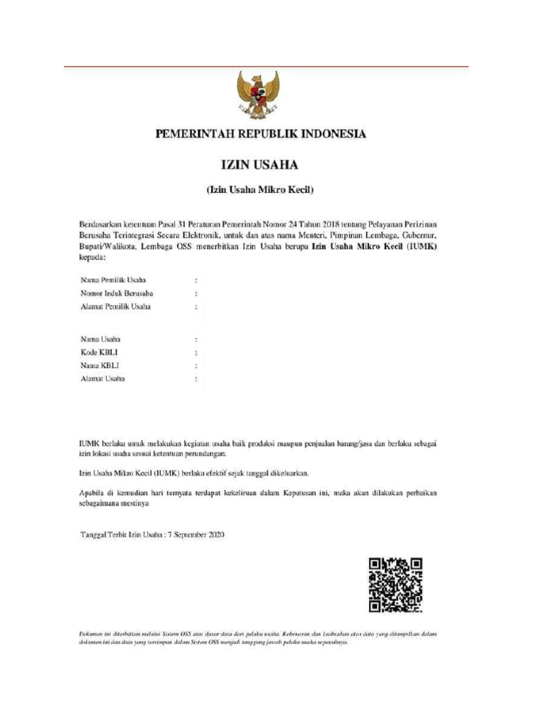 Surat Ijin Usaha IUMK | PDF