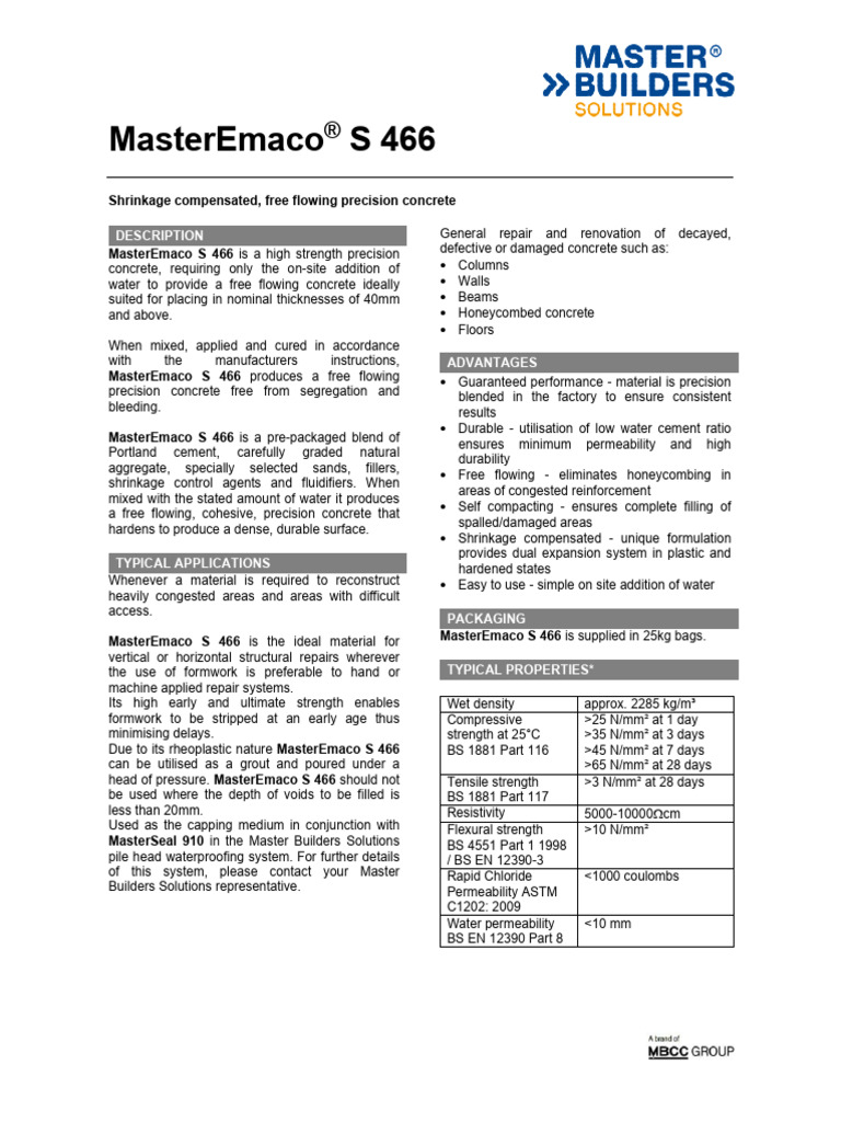 Masteremaco S 466 Tds | PDF | Concrete | Building Materials