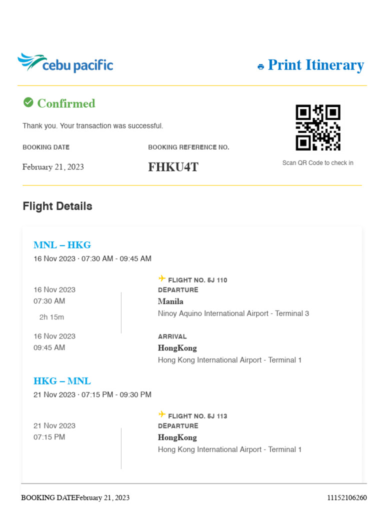 Cebupac HK Ticket Nov 2023 | PDF