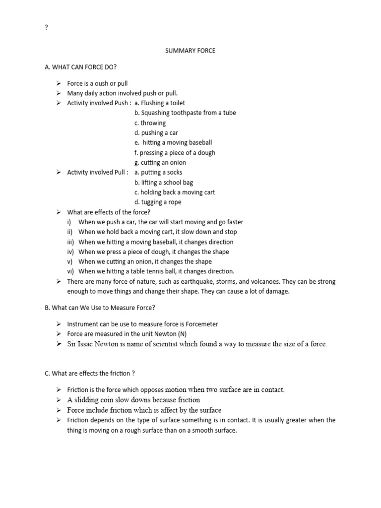 SUMMARY FORCE Grade 3 | PDF | Friction | Force