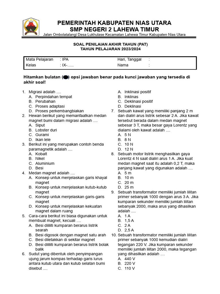 Soal, Kisi-Kisi, Dan Kartu Soal PAT IPA Kelas 9 Semester Genap T.P ...