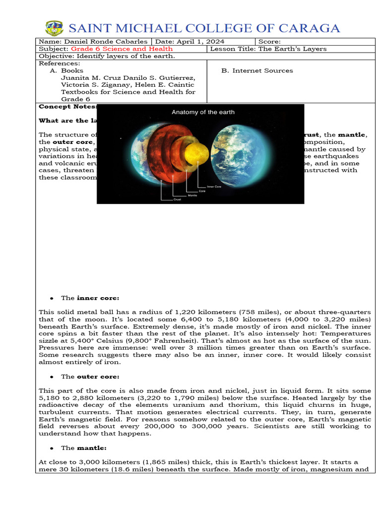Earth's Layers for Grade 6 Science | PDF | Plate Tectonics | Earth