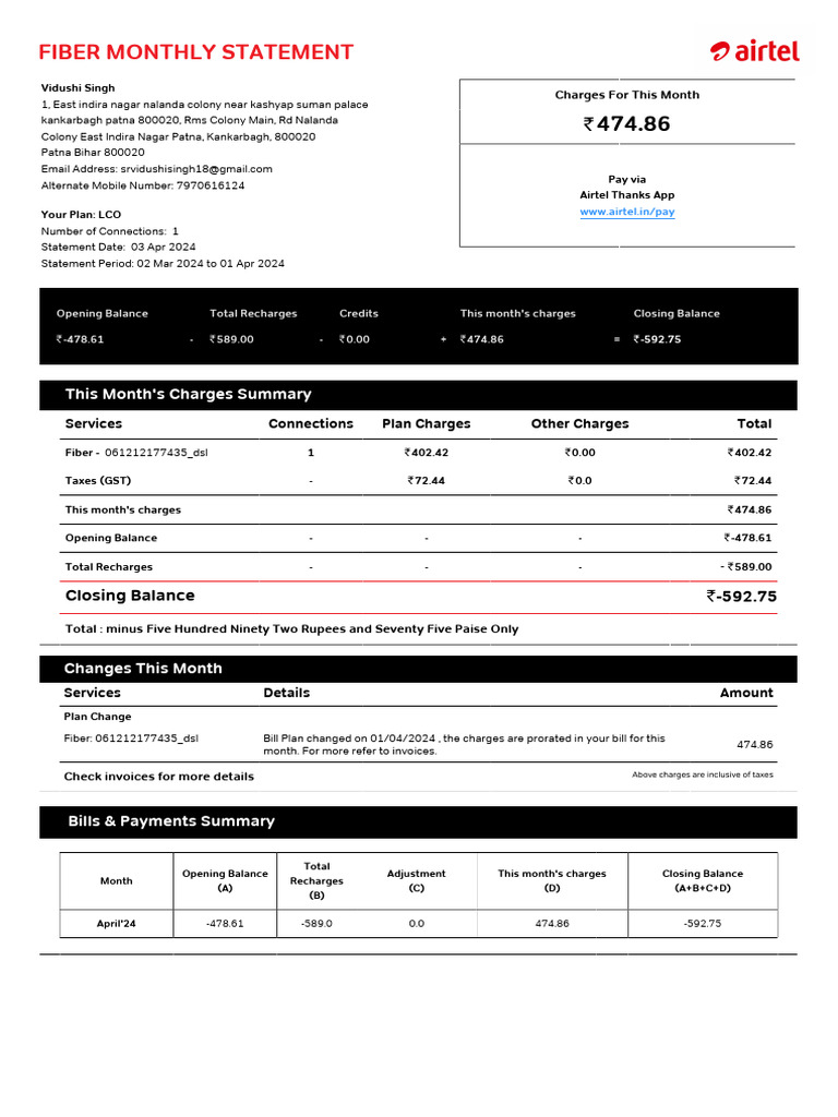 Fiber Monthly Statement: This Month's Charges Summary | PDF | Credit ...