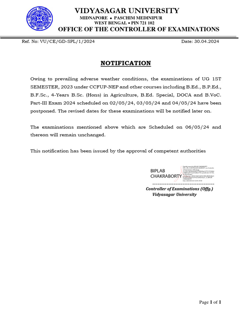 Notification SPL Exam 1 NEP Postponment - Signed | PDF
