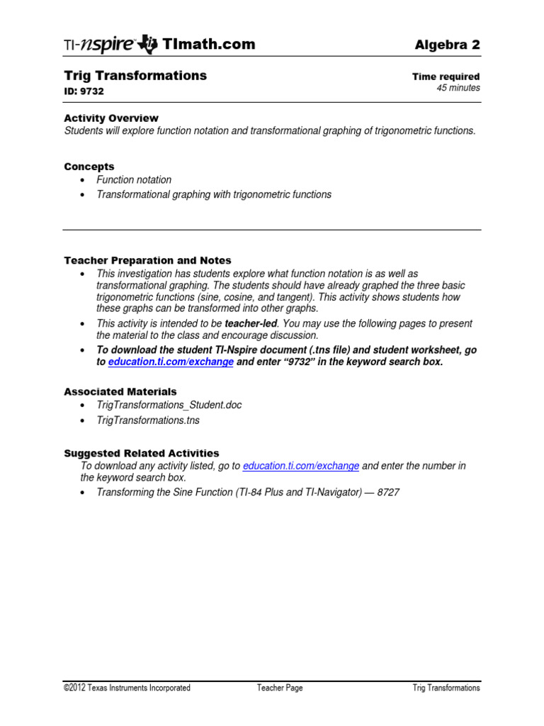 TrigTransformations Teacher | PDF | Trigonometric Functions | Function (Mathematics)