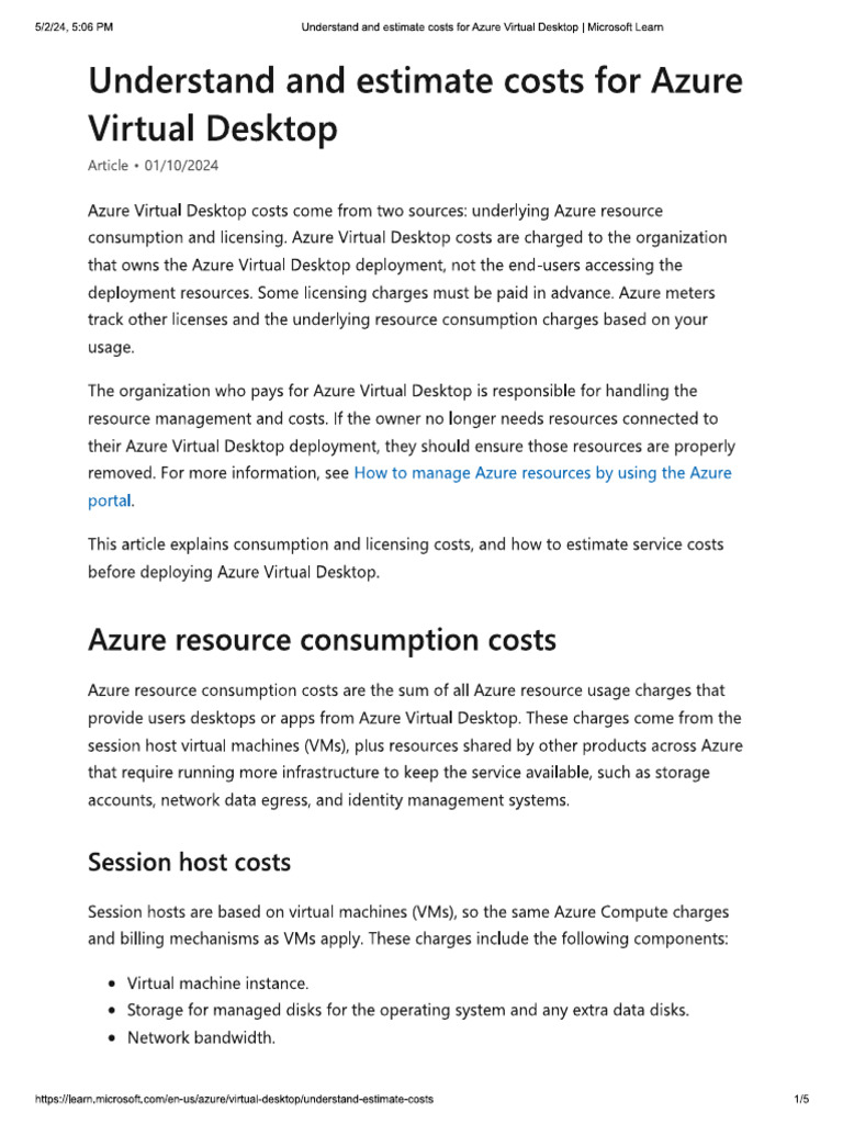 Understand and Estimate Costs For Azure Virtual Desktop | PDF