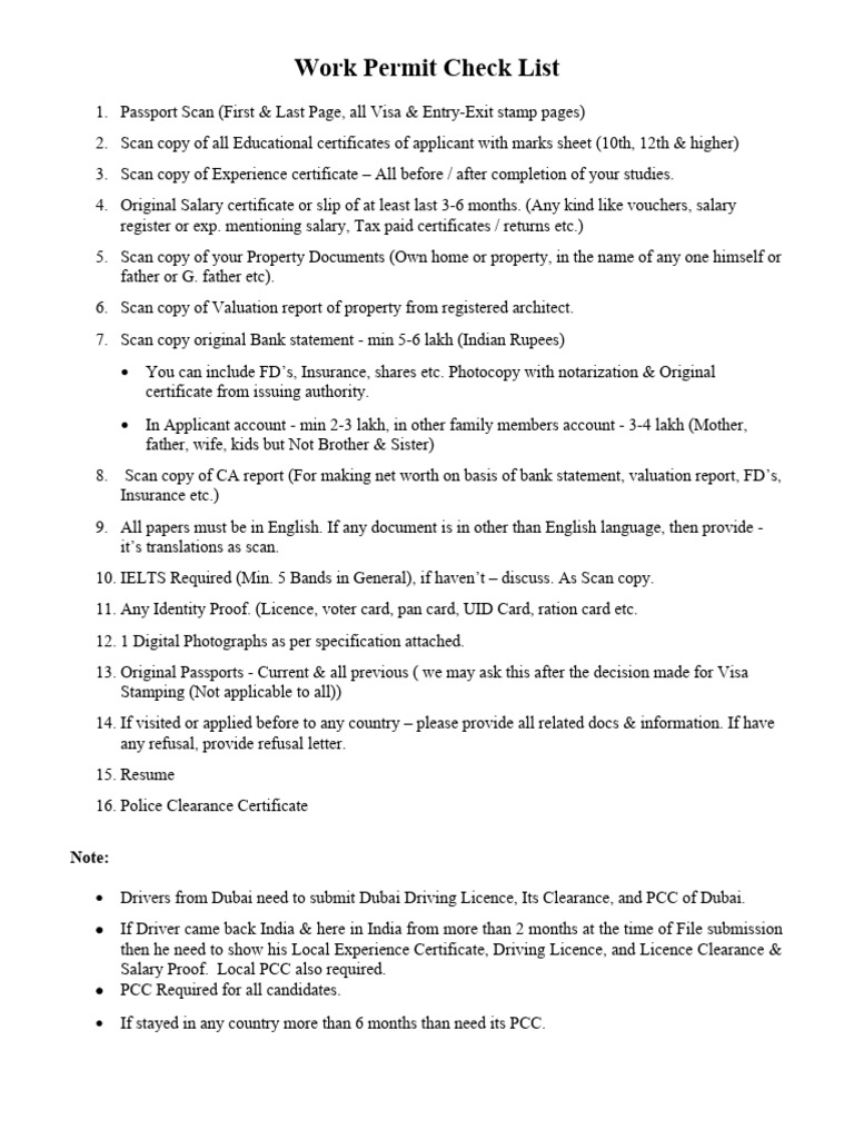 Essential Work Permit Document Checklist | PDF | Government And Personhood